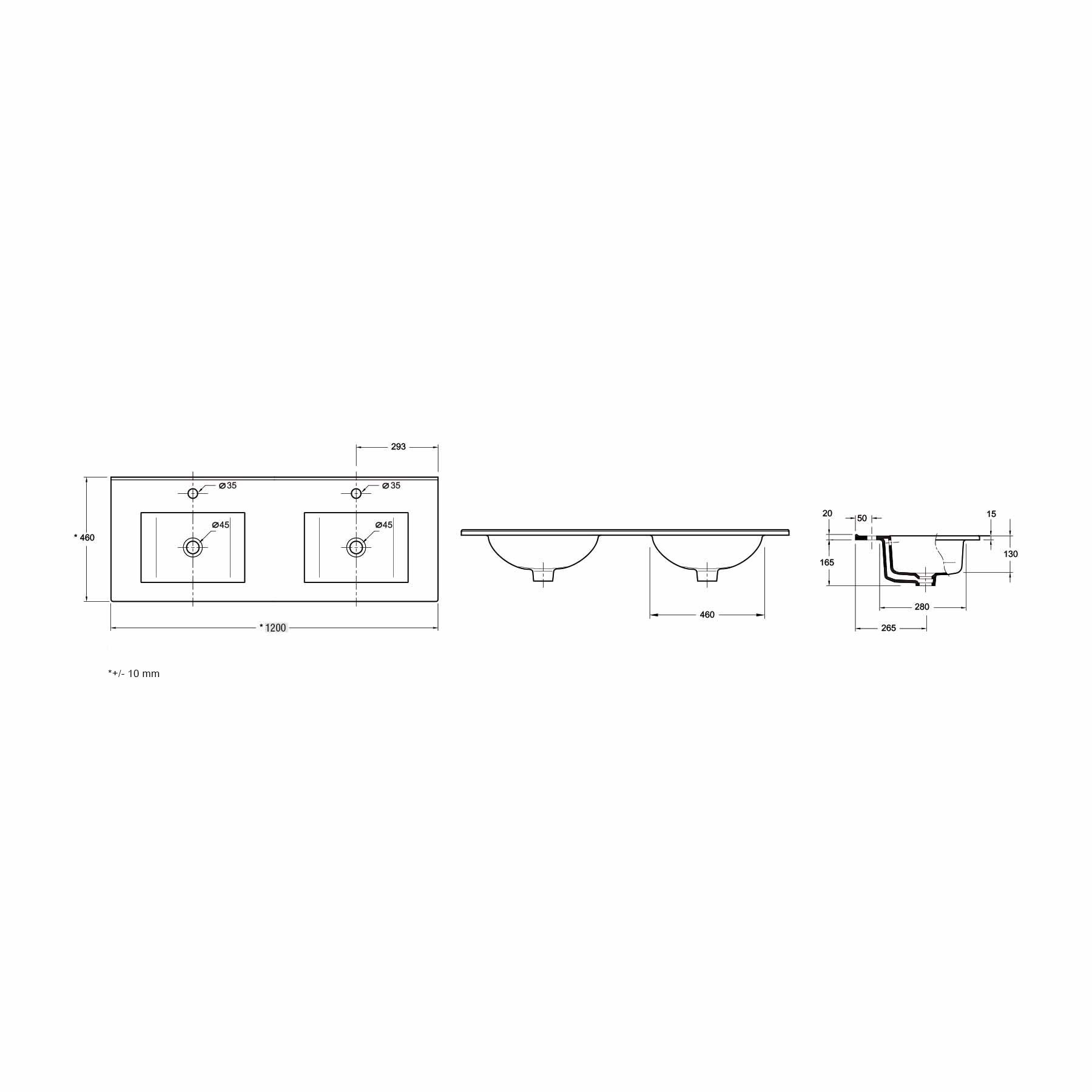 Lavabo IBERIA 1200 doble PORCELANA BLANCA 1200 x 20 x 460 mm