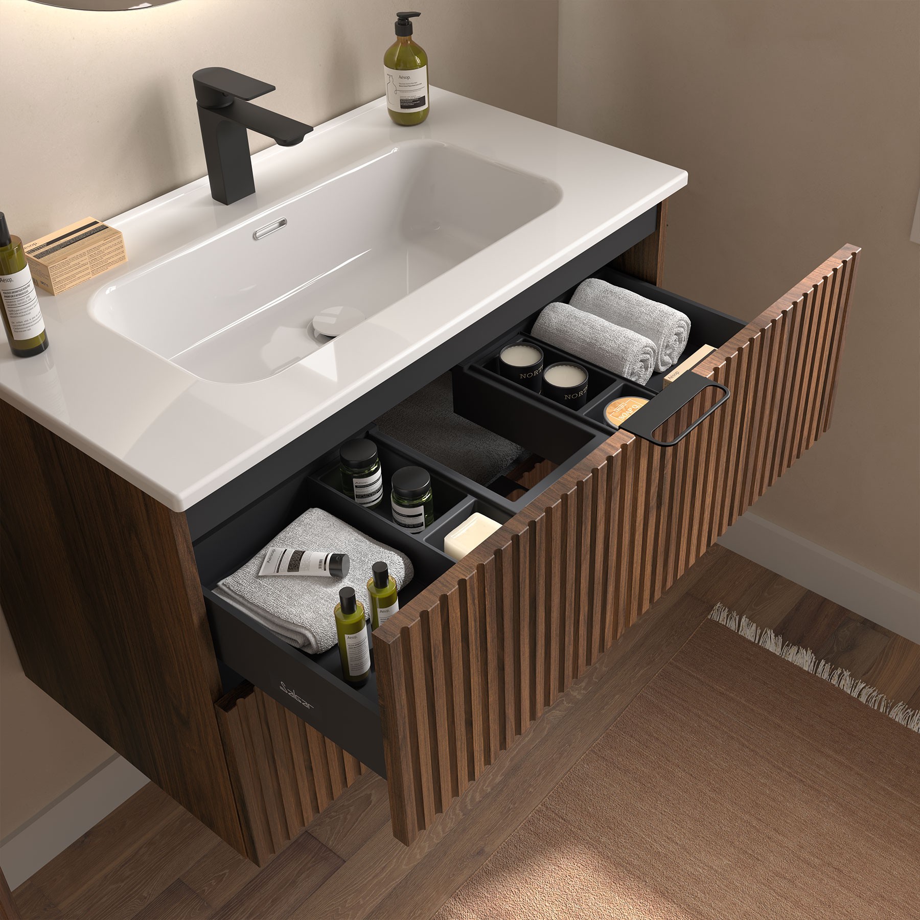 BIBA 2C 800mm Walnut Maya furniture set + Constanza sink + handle