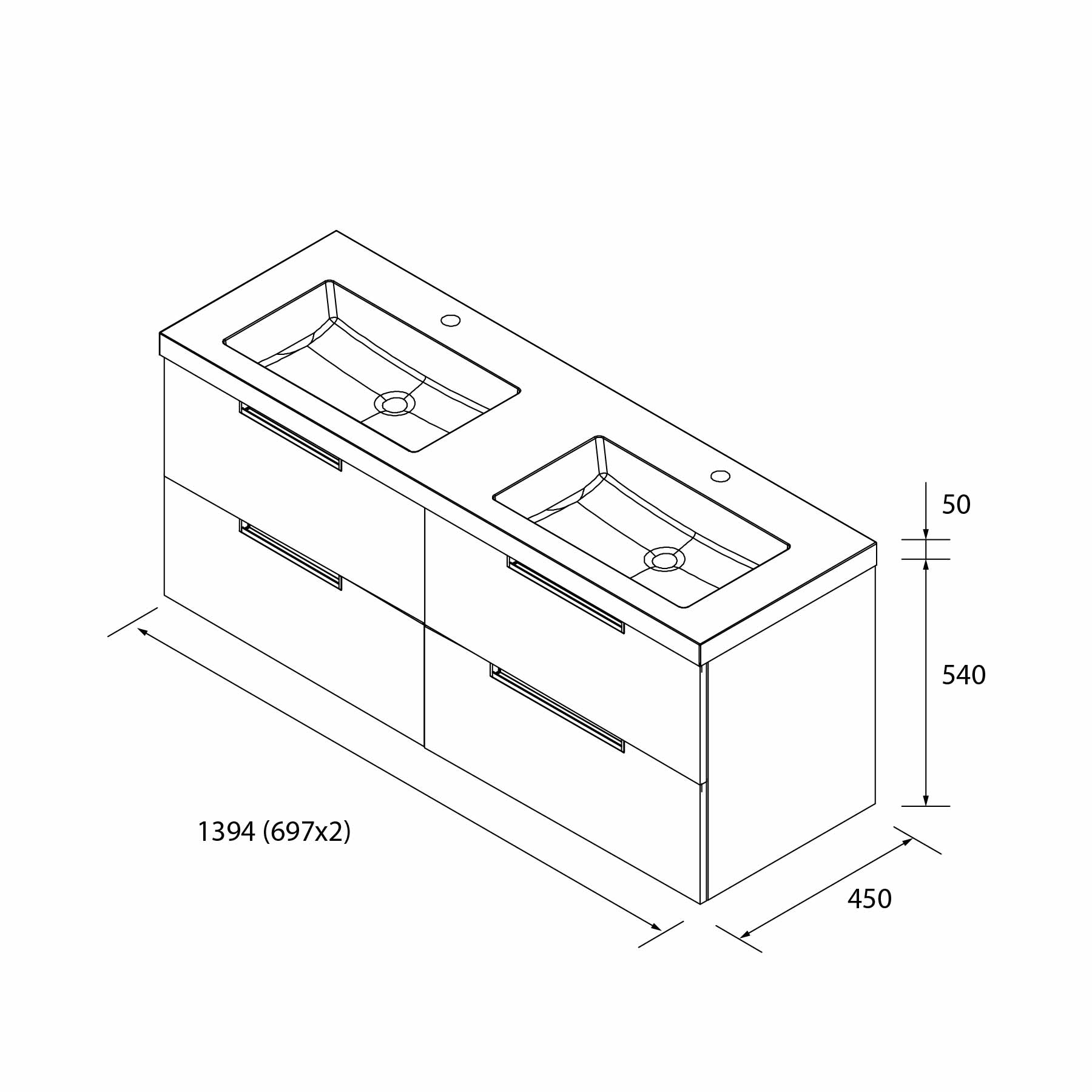 Vanity Unit LENI Oak 140cm 4 drawers Toscana Basin double sink Mineral ...