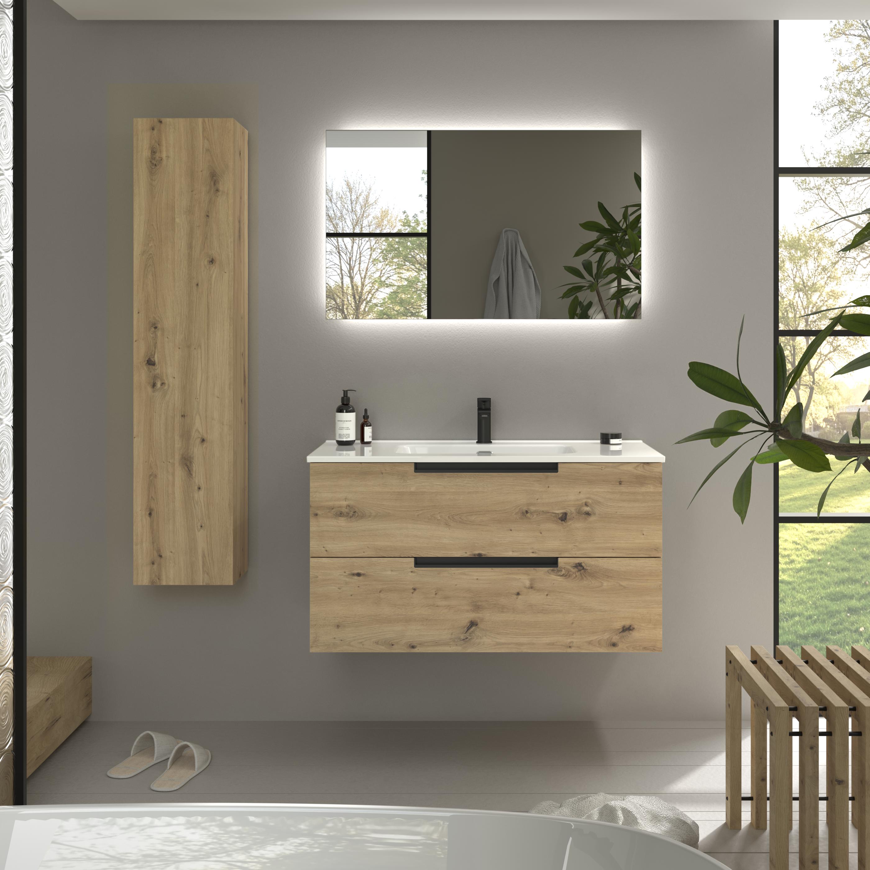 Mueble de Baño LENI 70cm Roble 2 cajones Lavabo 1 poza Porcelana