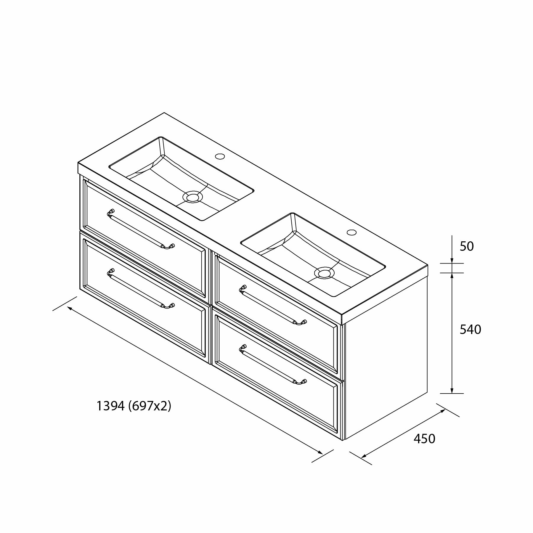 Vanity Unit RUNA Matt White 140cm 4 drawers Toscana Basin double sink ...