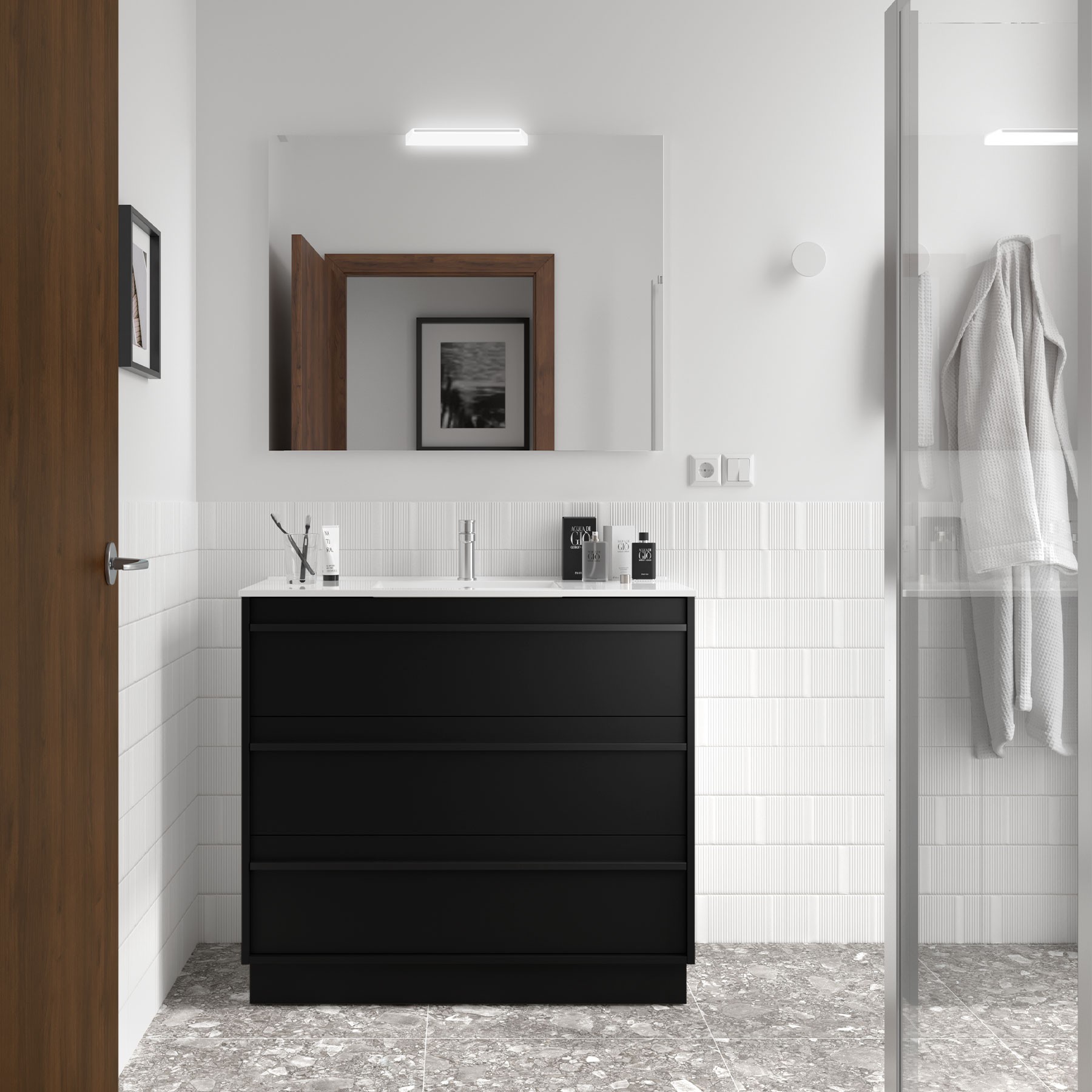 Vanity unit ATTILA 1000 3 drawers BLACK SATIN + Basin