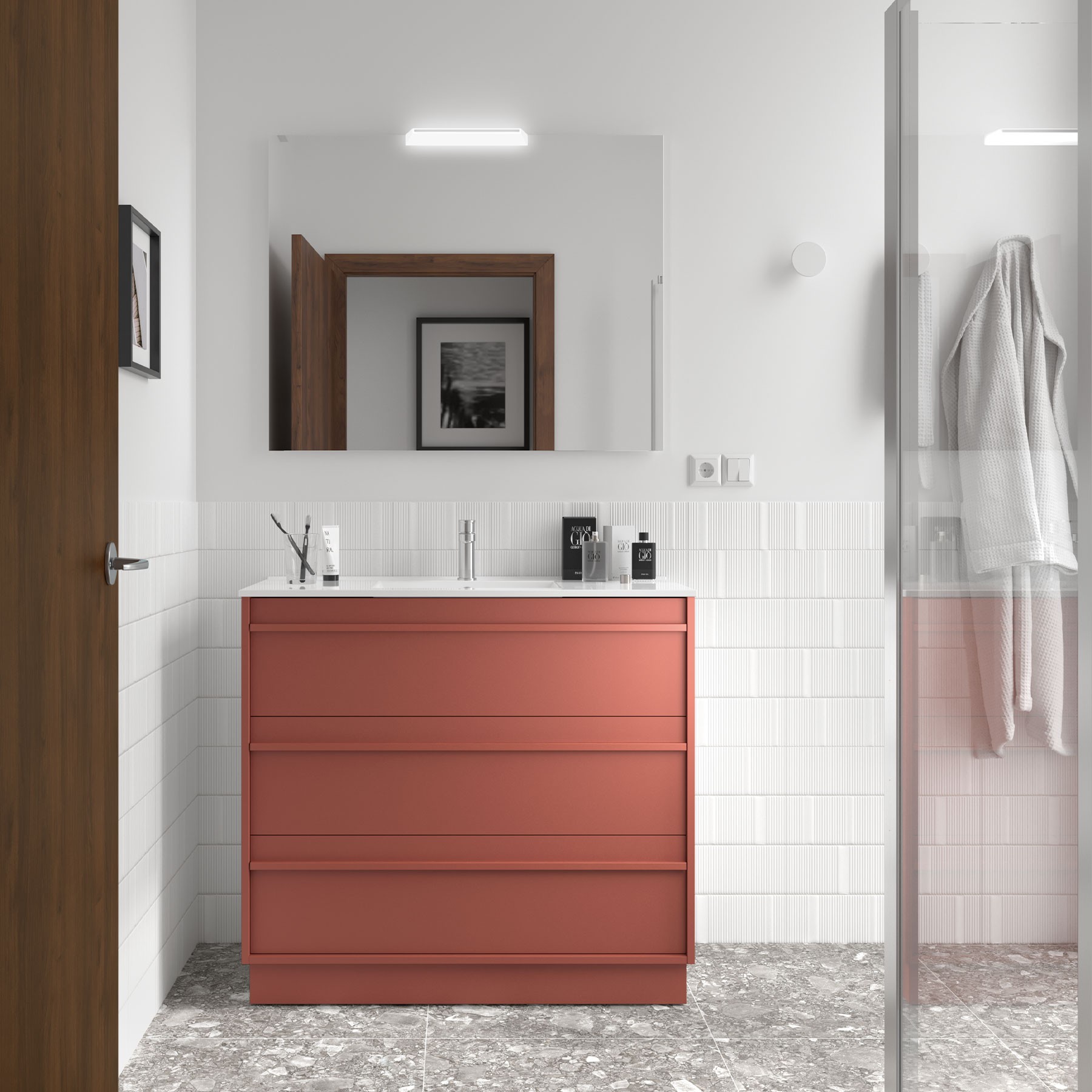 Vanity unit ATTILA 1000 3 drawers RED SATIN + Basin