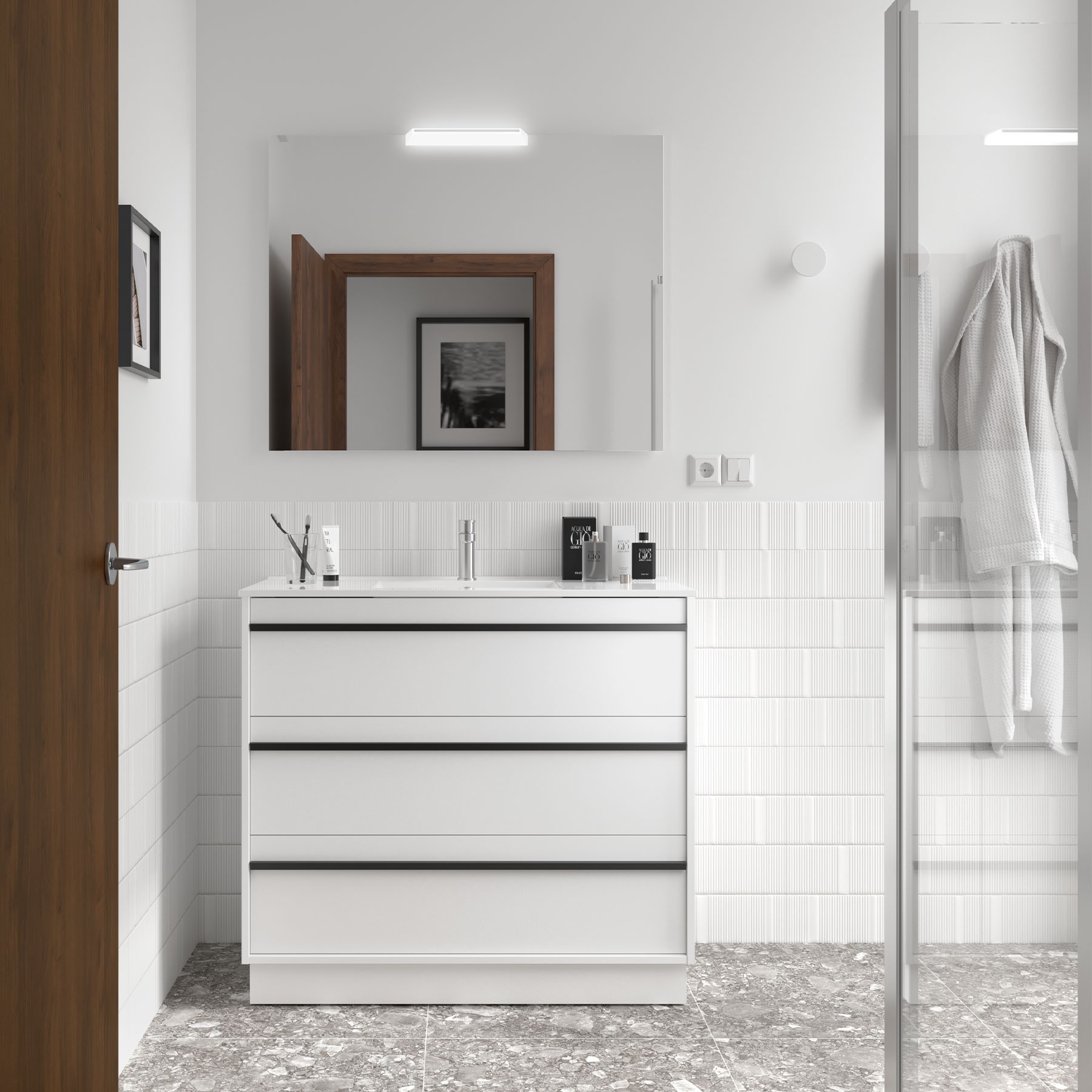Mueble de baño ATTILA 1000 3 cajones WHITE SATIN + Lavabo