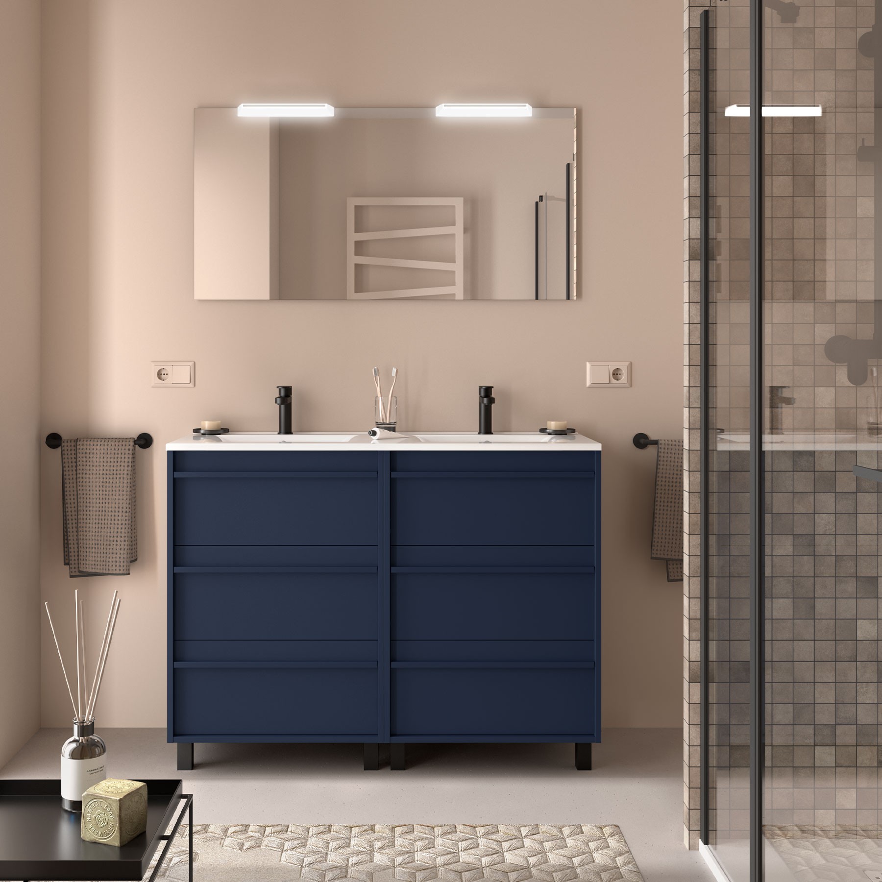 Vanity unit ATTILA 1200 6 drawers BLUE SATIN + Basin