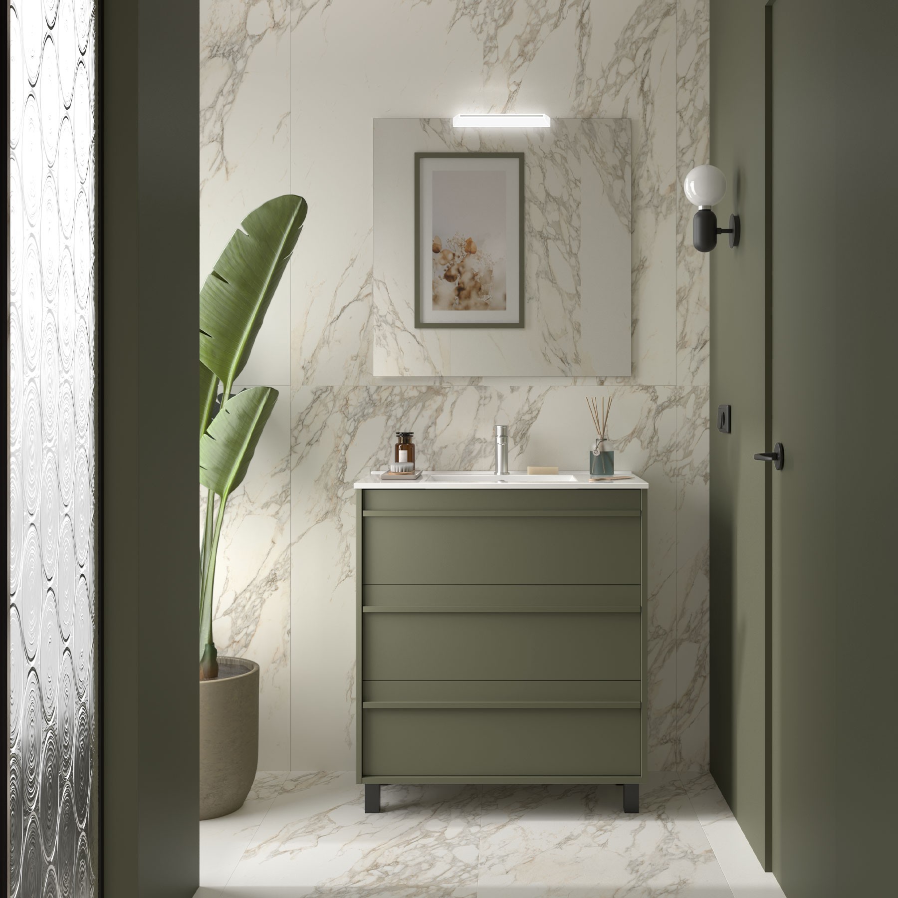 Vanity unit ATTILA 800 3 drawers GREEN SATIN + Basin