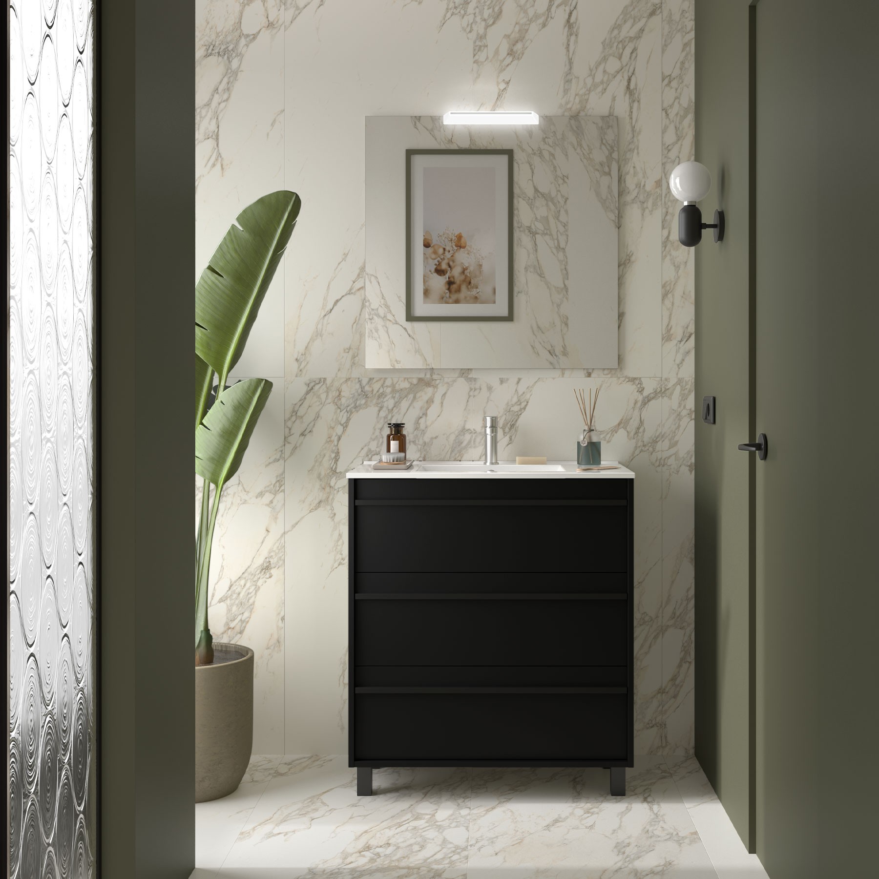 Mueble de baño ATTILA 800 3 cajones BLACK SATIN + Lavabo