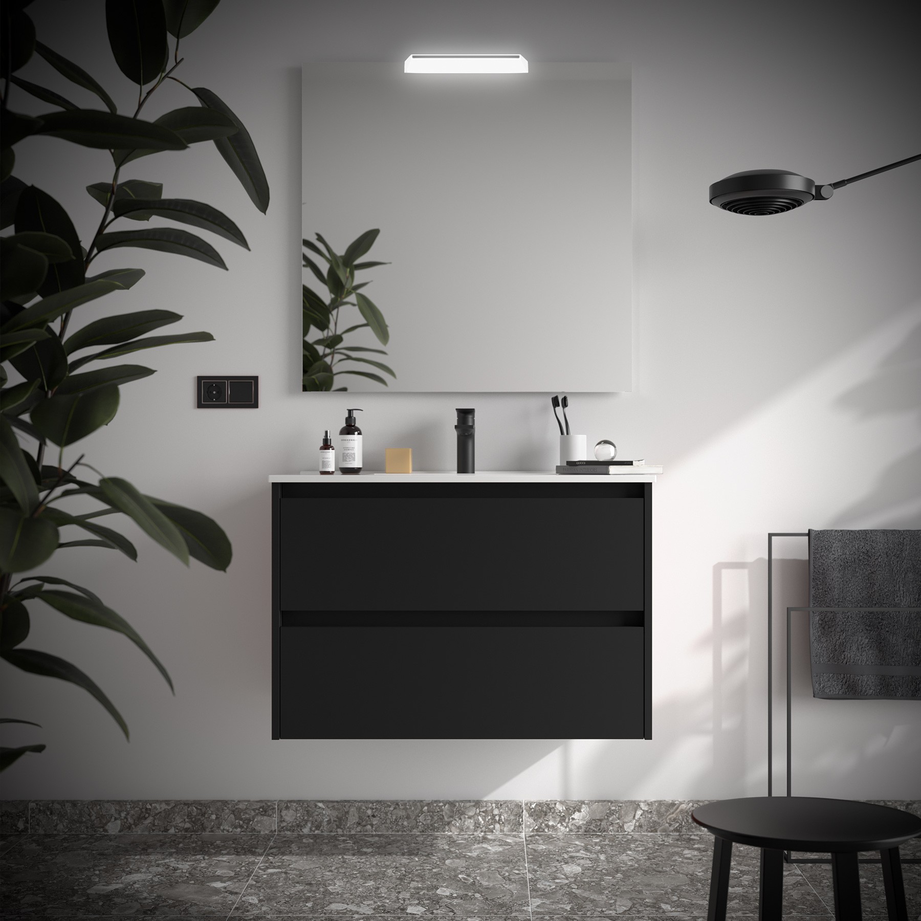 Vanity unit NOJA 900 2 drawers BLACK SATIN + Basin