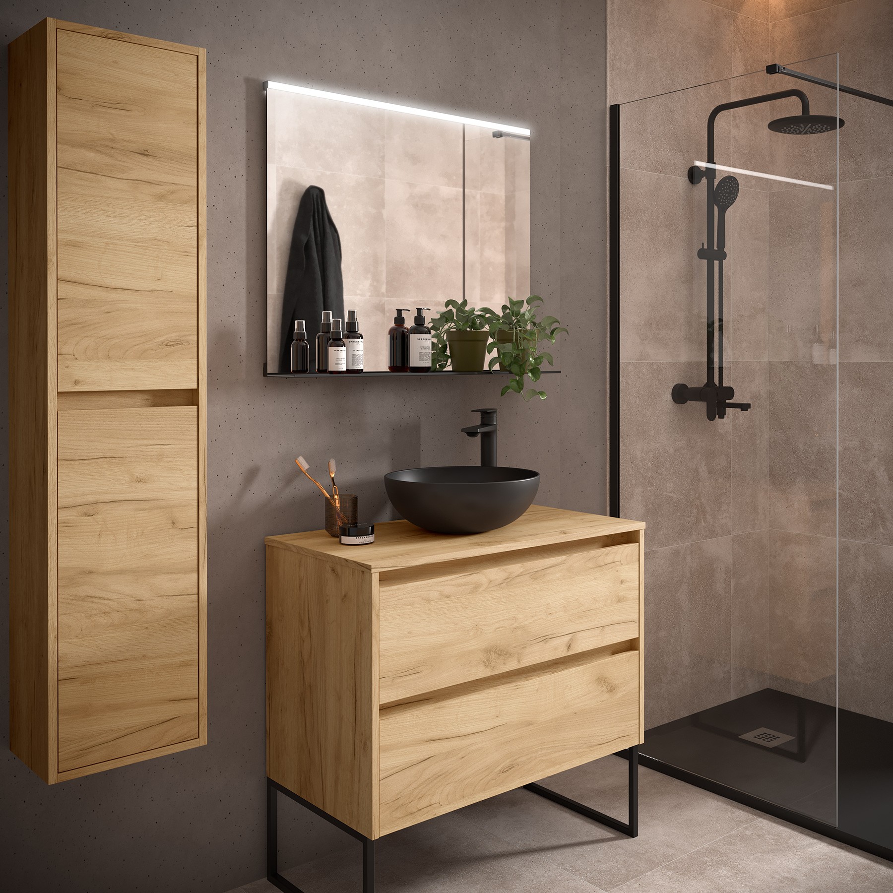Meuble salle de bain NOJA 800 2 tiroirs CHÊNE AFRICAIN Plan de toilette