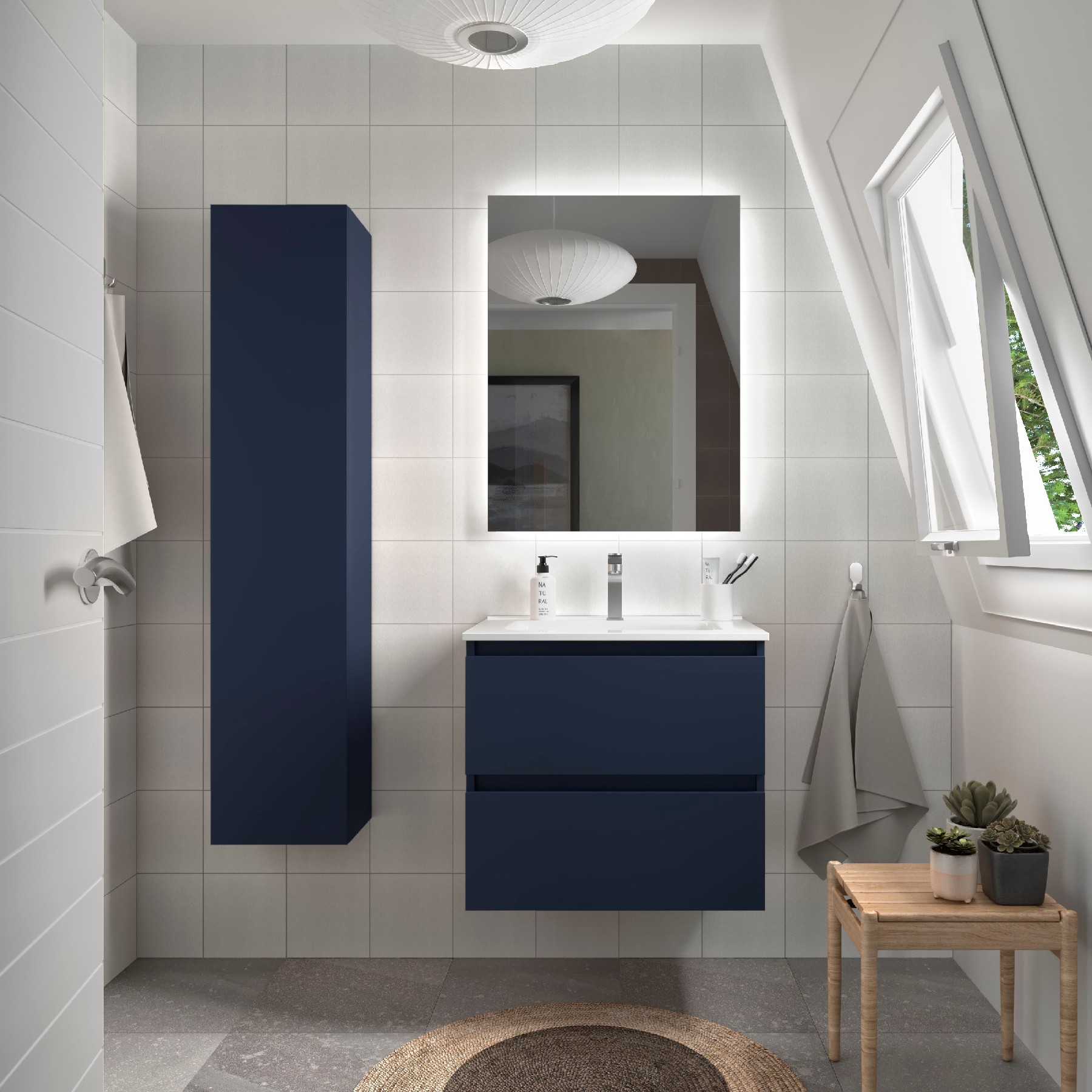 Mueble de baño BEQUIA 600 AZUL SATINADO + Lavabo cerámica Constanza