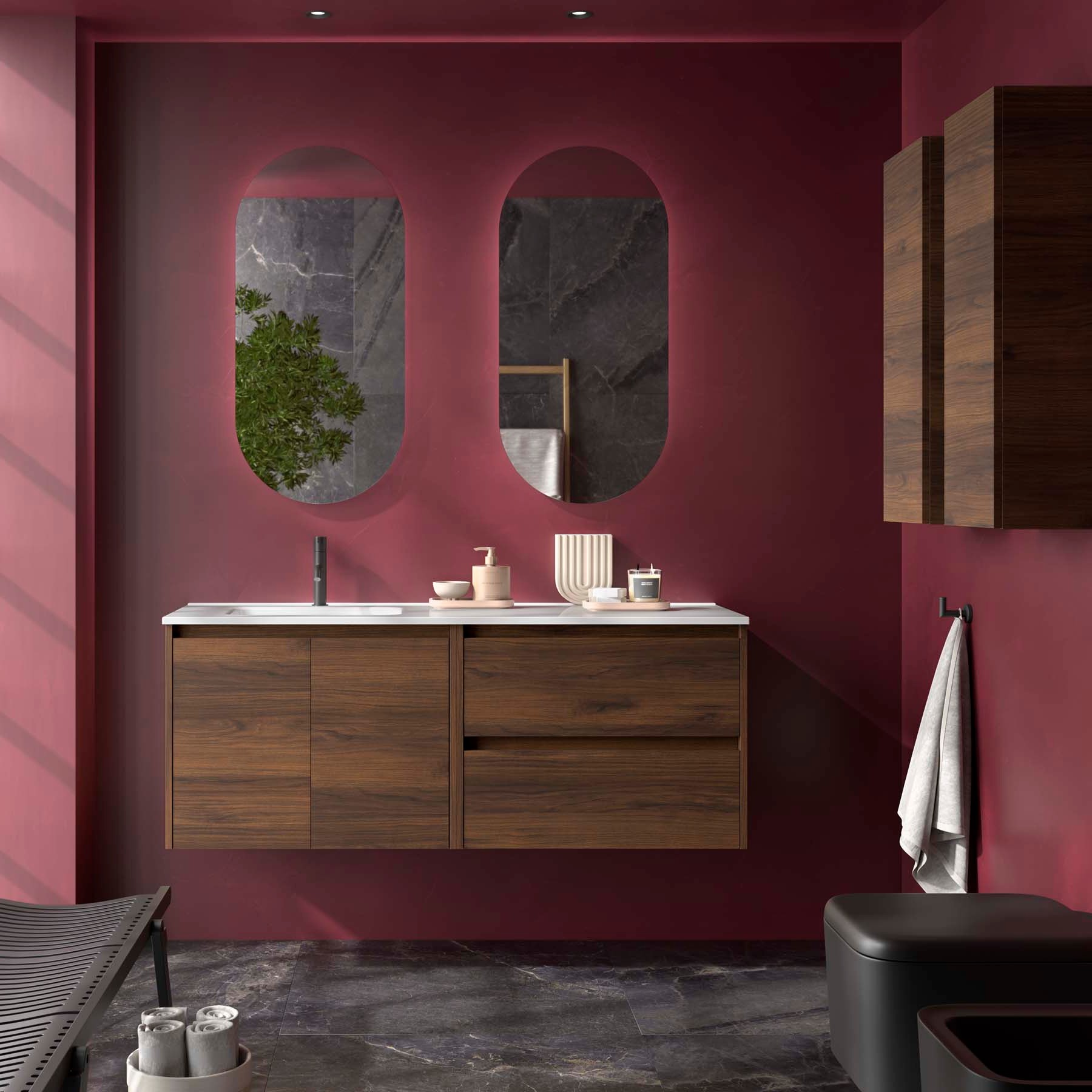 NOJA 1200 2 DRAWER 2 DOOR WALNUT MAYA SET + RIGHT OFFSET SINK + MIRROR