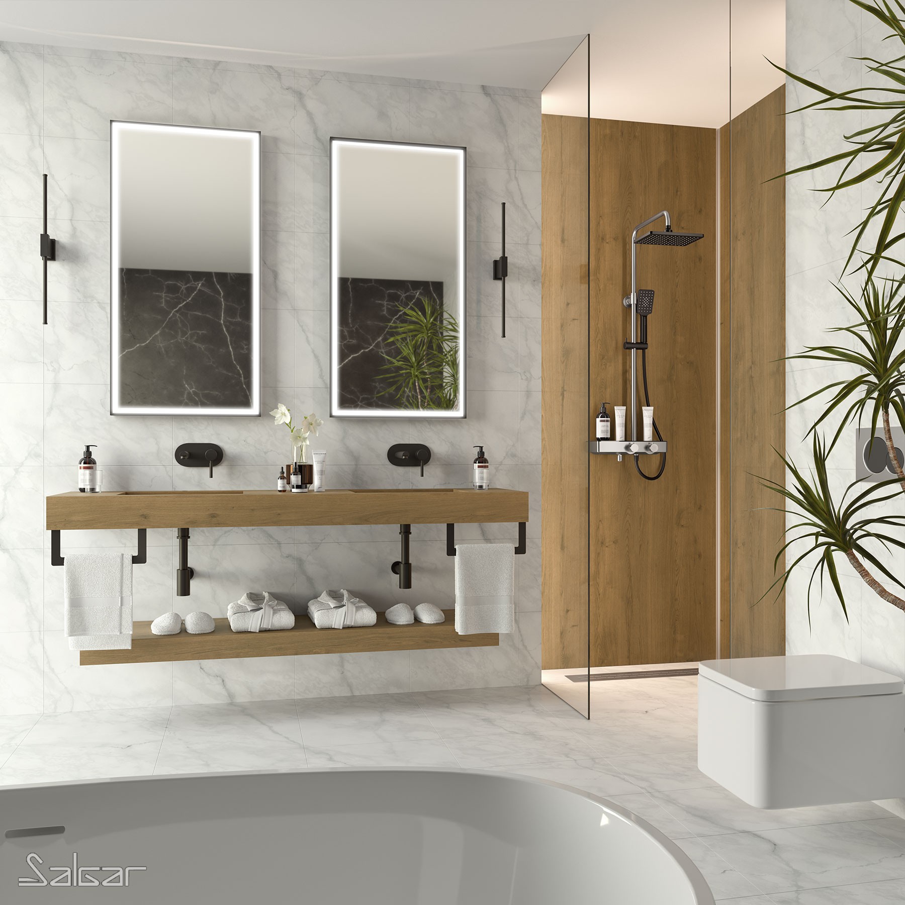 Plan de toilette COMPAKT 51 1800 mm avec deux vasques intégrées CHÈNE ...
