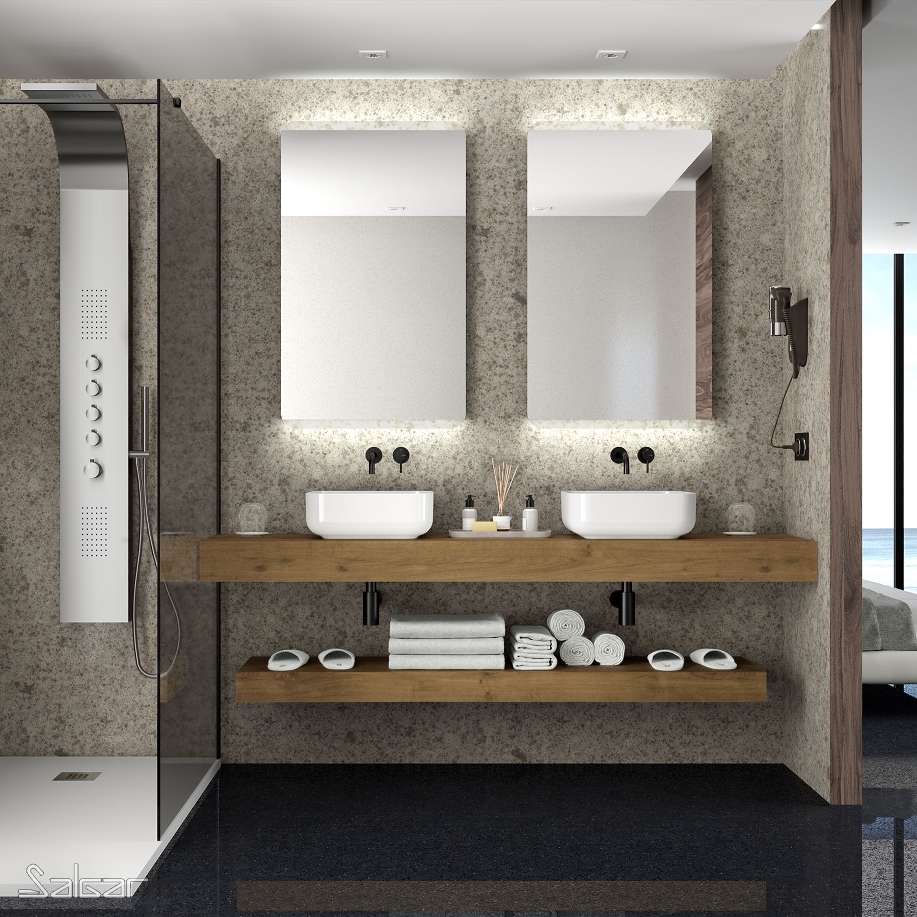 Plan de toilette COMPAKT 51 de 1201 á 1400 mm avec deux vasques à poser ...