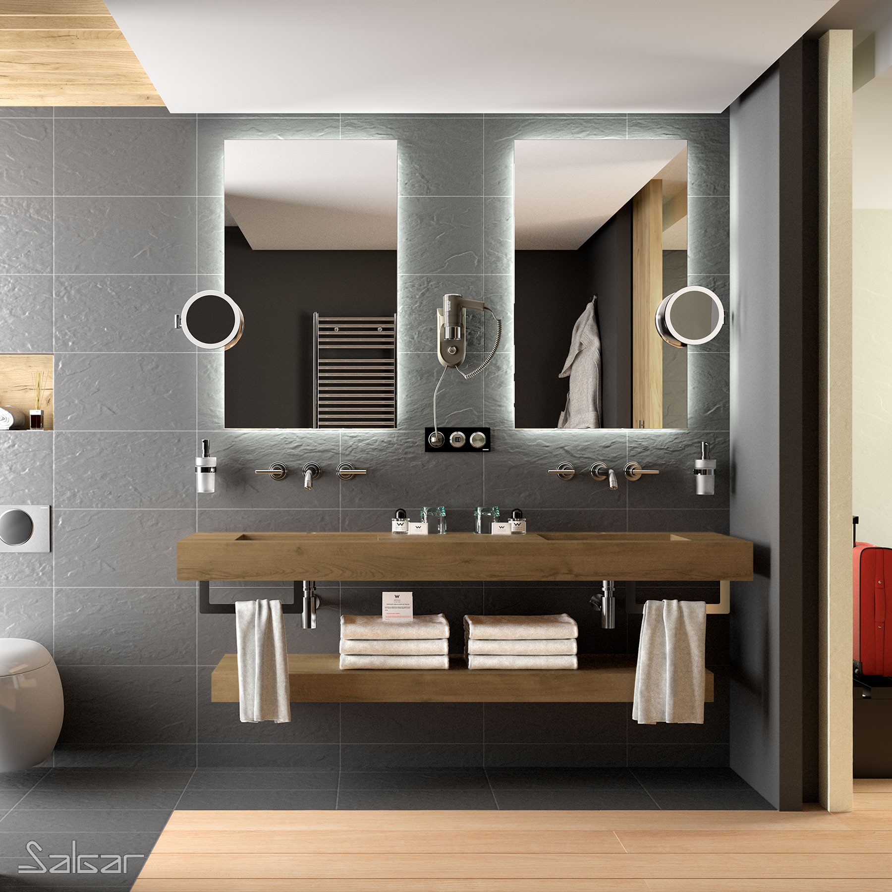 Plan de toilette COMPAKT 51 1800 mm avec deux vasques intégrées CHÈNE ...