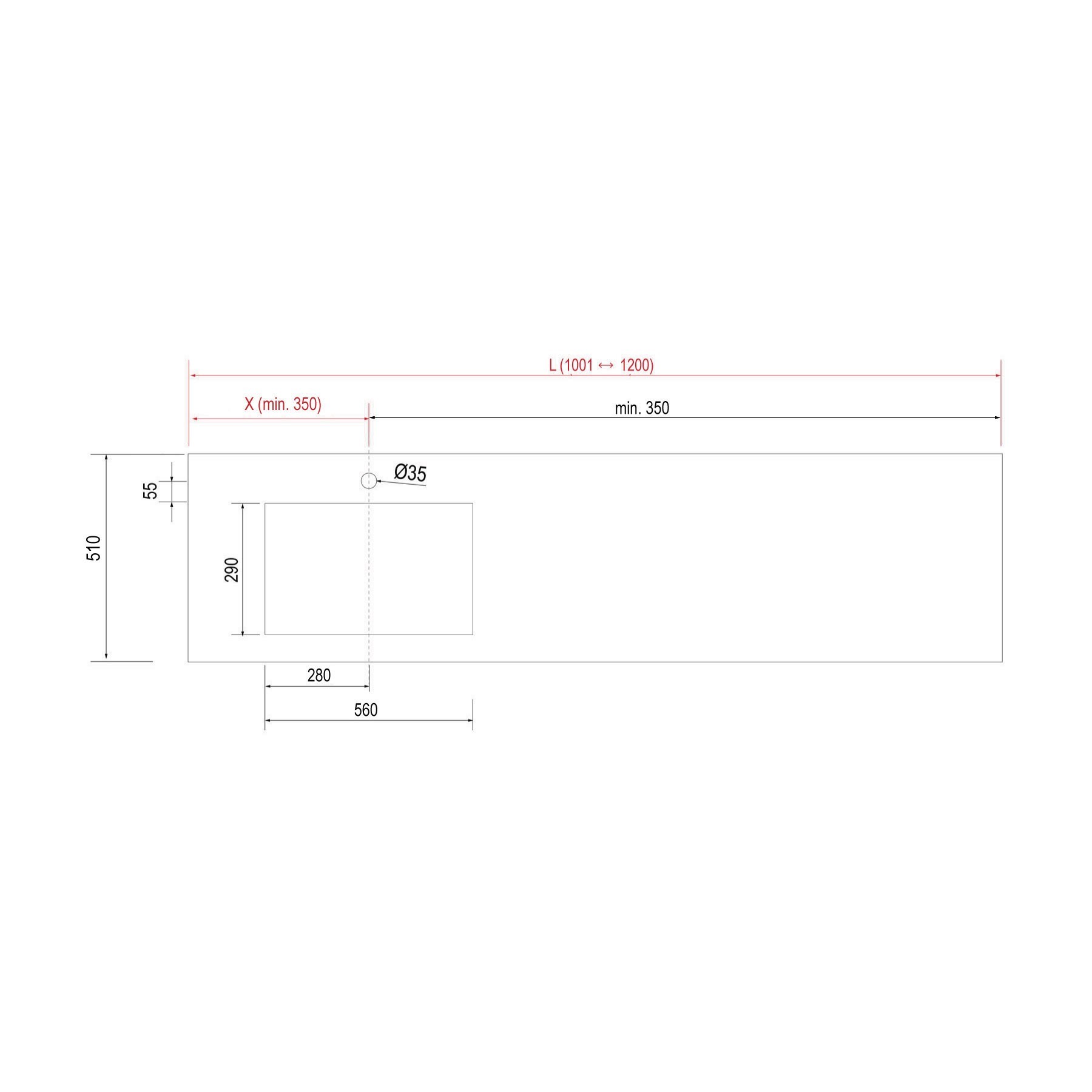 Plan de toilette COMPAKT 51 de 1001 à 1200 mm avec 1 grande vasque ...