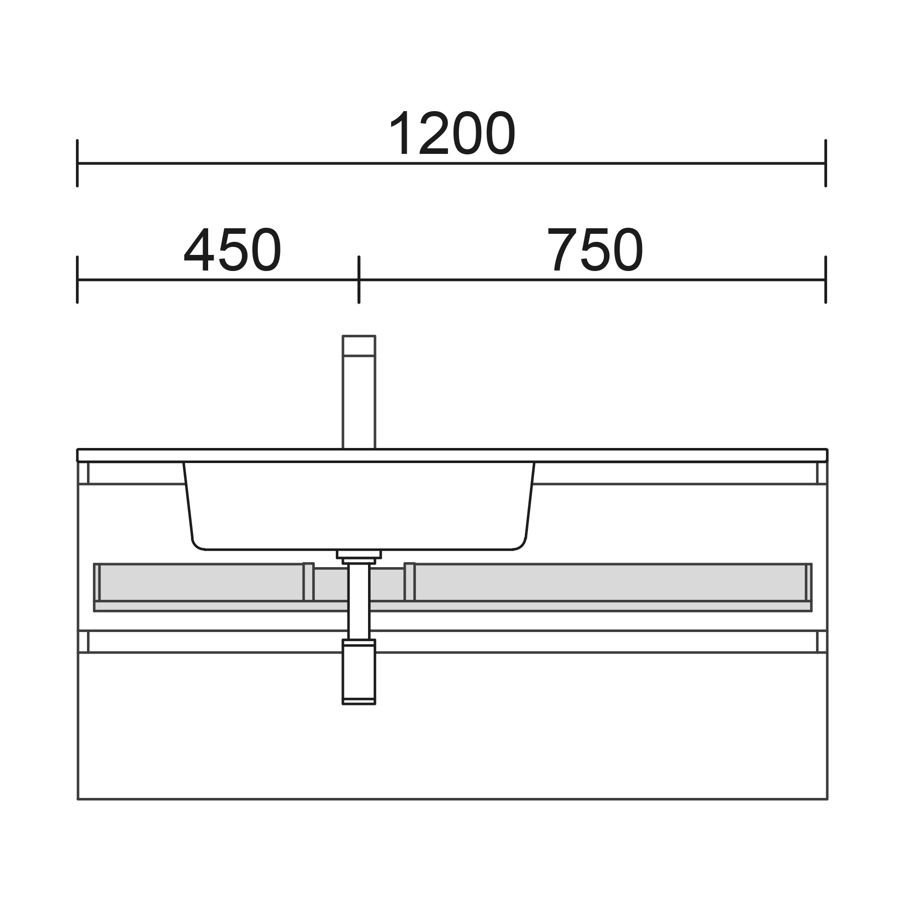 Upper drawer for vanity unit of 1200 mm with left pipe cotout deep 45 ...