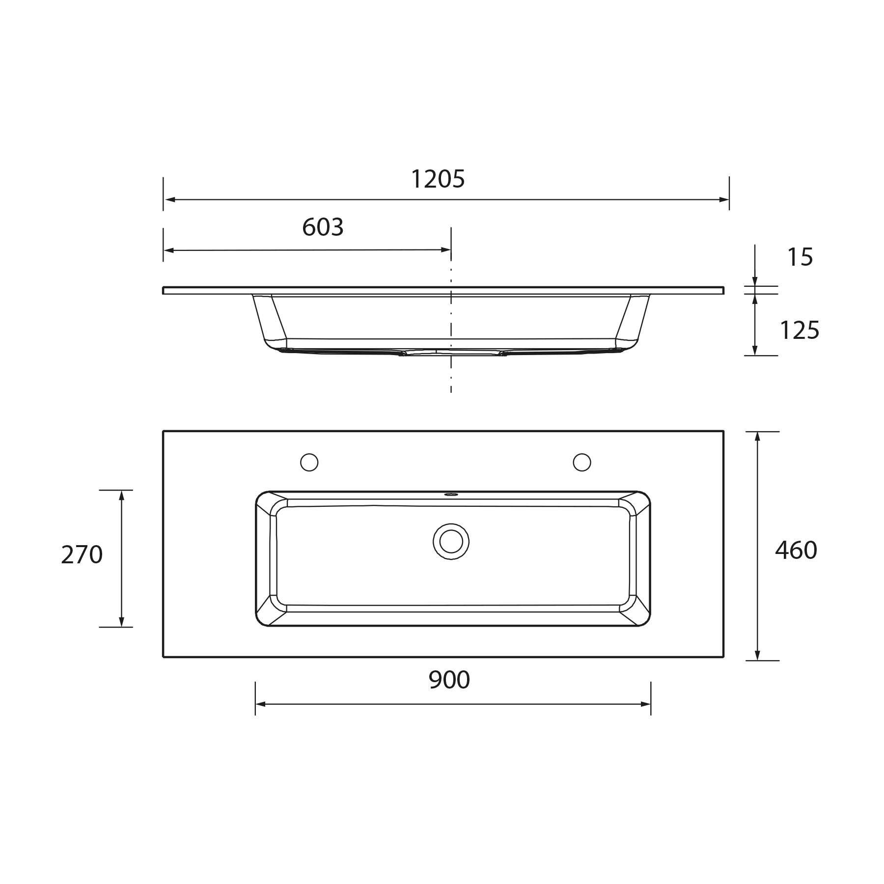 Plan vasque VILNA 1205 un vasque, deux robinet, MINERALSOLID MAT