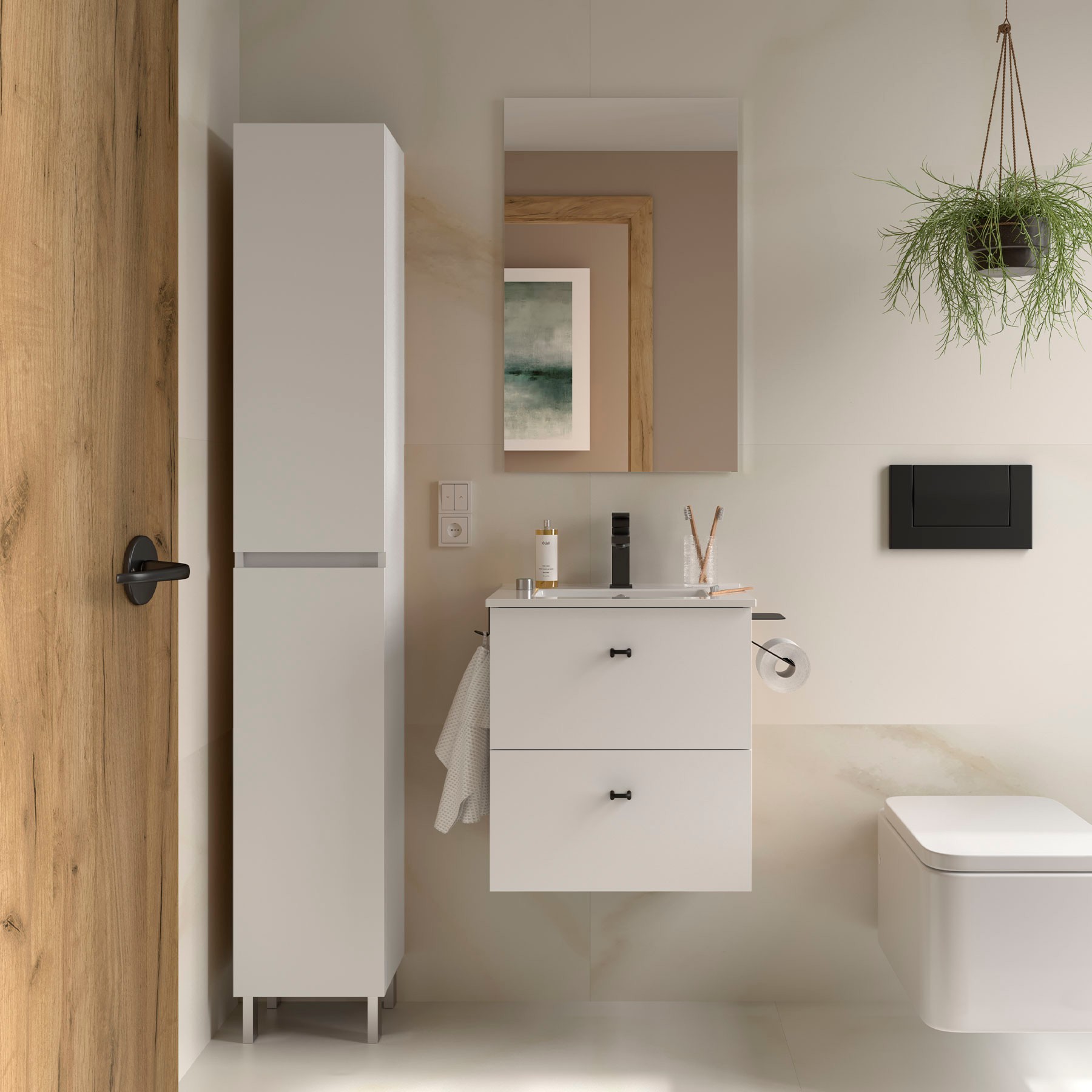 Mueble de baño INARA 500 2 cajones WHITE SATIN + Lavabo + Espejo