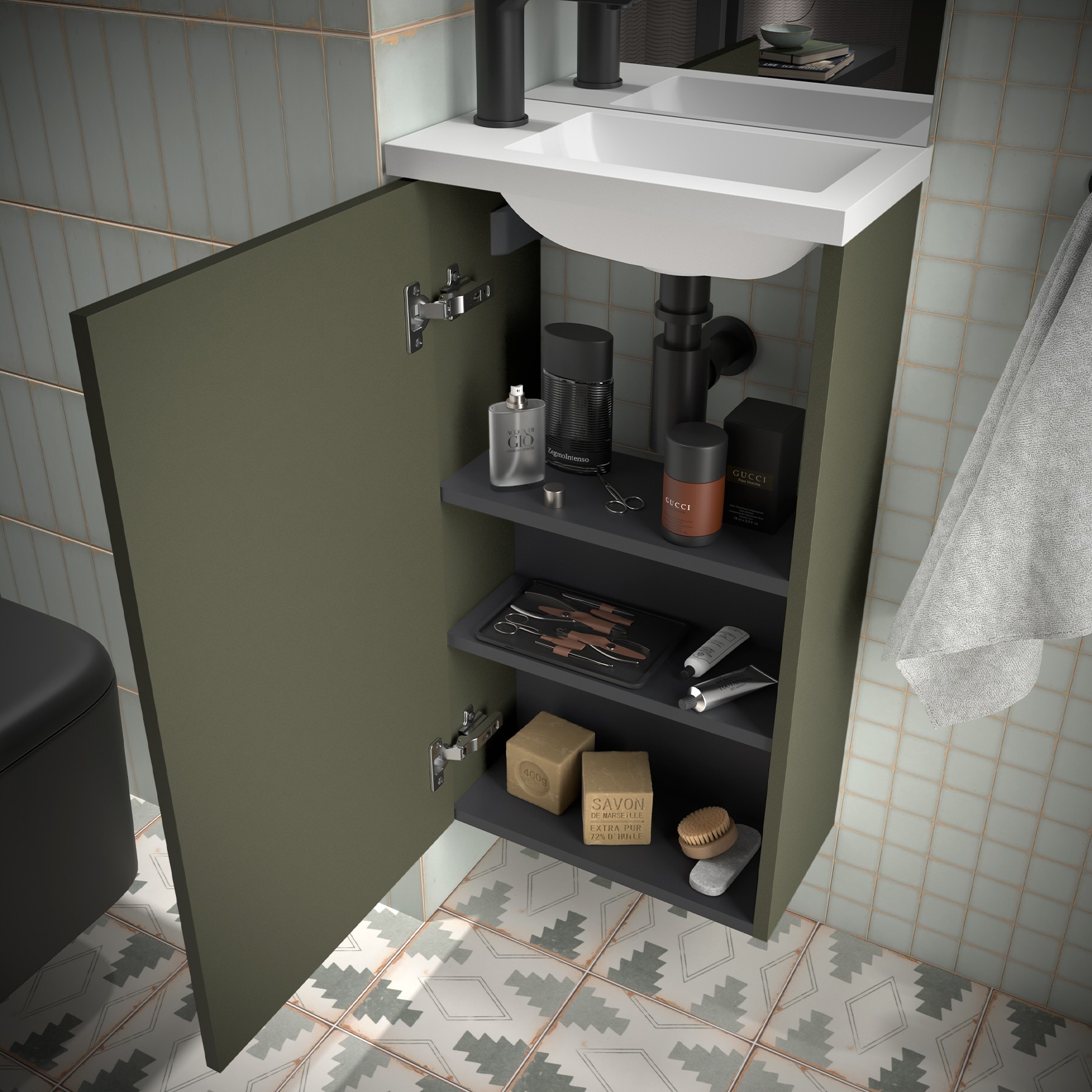 Conjunto de mueble de baño MARVILLE GREEN SATIN +Lavabo + Espejo + Aplique