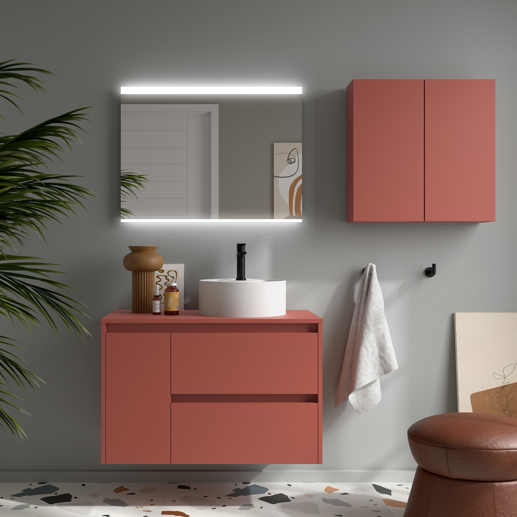 Badezimmermöbel NOJA 850 2 Schubladen und 1 linke Tür RED SATIN ...
