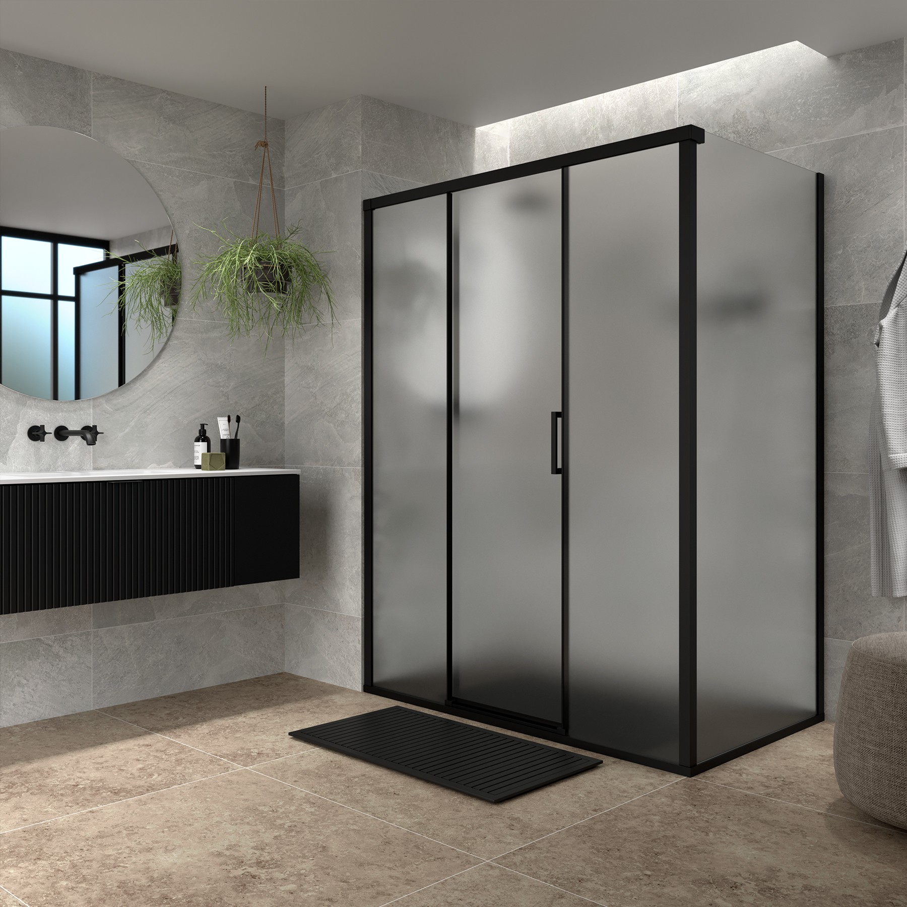 Shower screen VERSA front with 1 door and 2 fixed panels glass SATIN ...