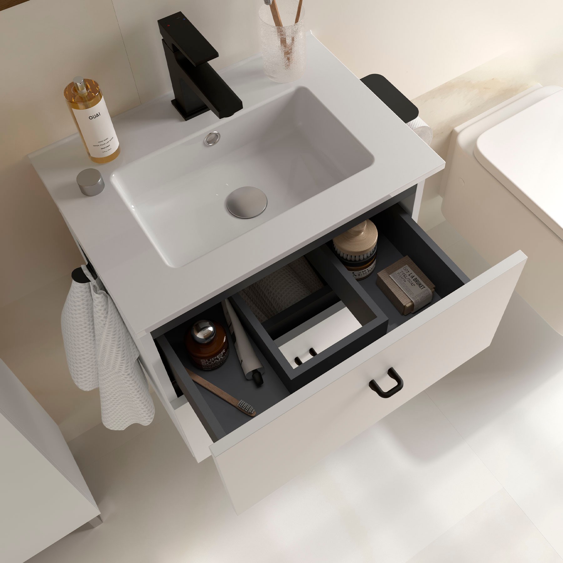 Mueble de baño INARA 500 2 cajones WHITE SATIN + Lavabo + Espejo
