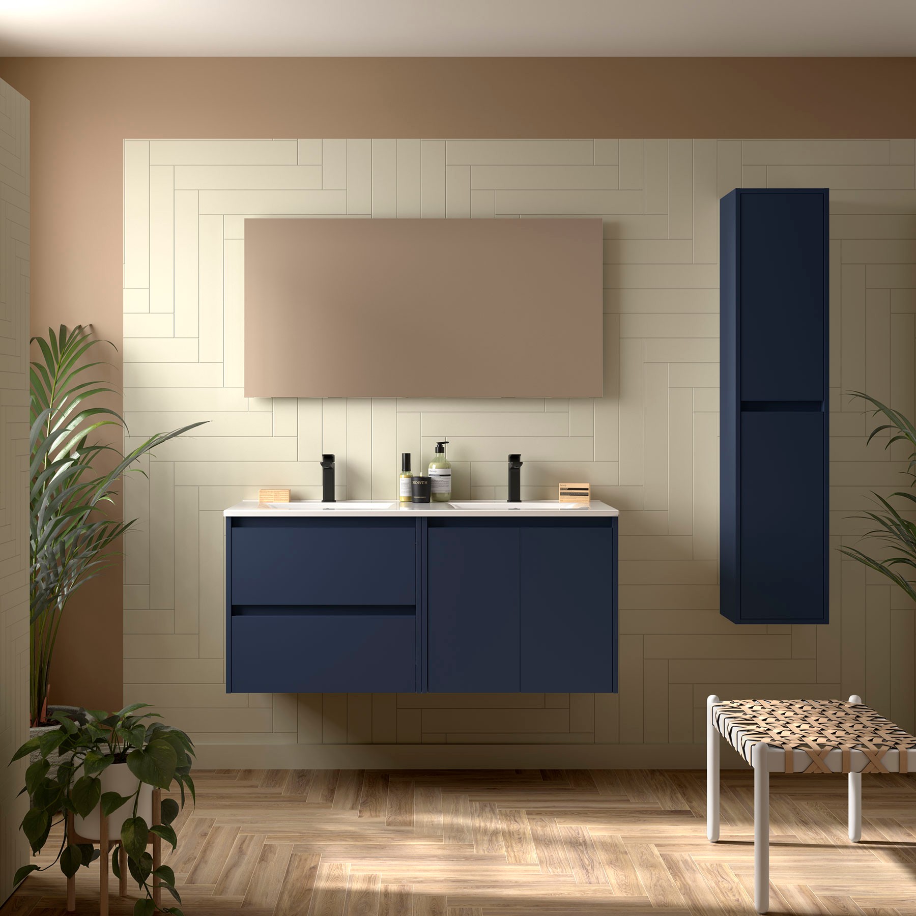 Set di mobili da bagno NOJA 1200 2 porte e 2 cassetti BLUE SATIN + Lavabo