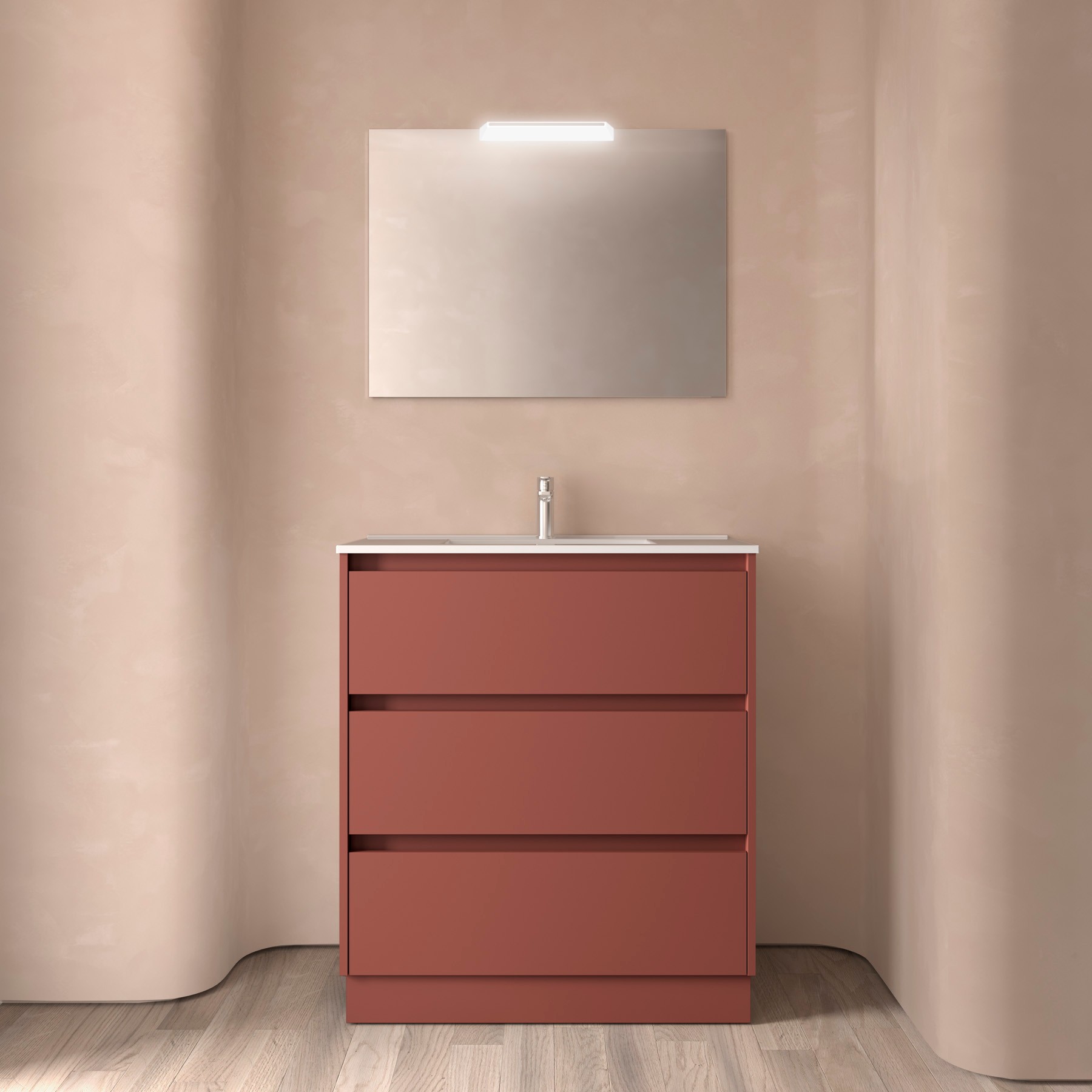 Meuble salle de bain NOJA 800 3 tiroirs RED SATIN Vasque Miroir Applique