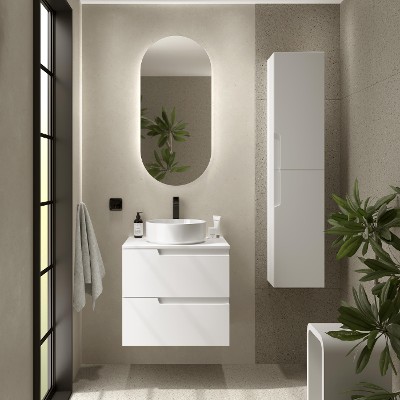Badezimmermöbel VIMA 600 WHITE SATIN + Waschtisch-Platte