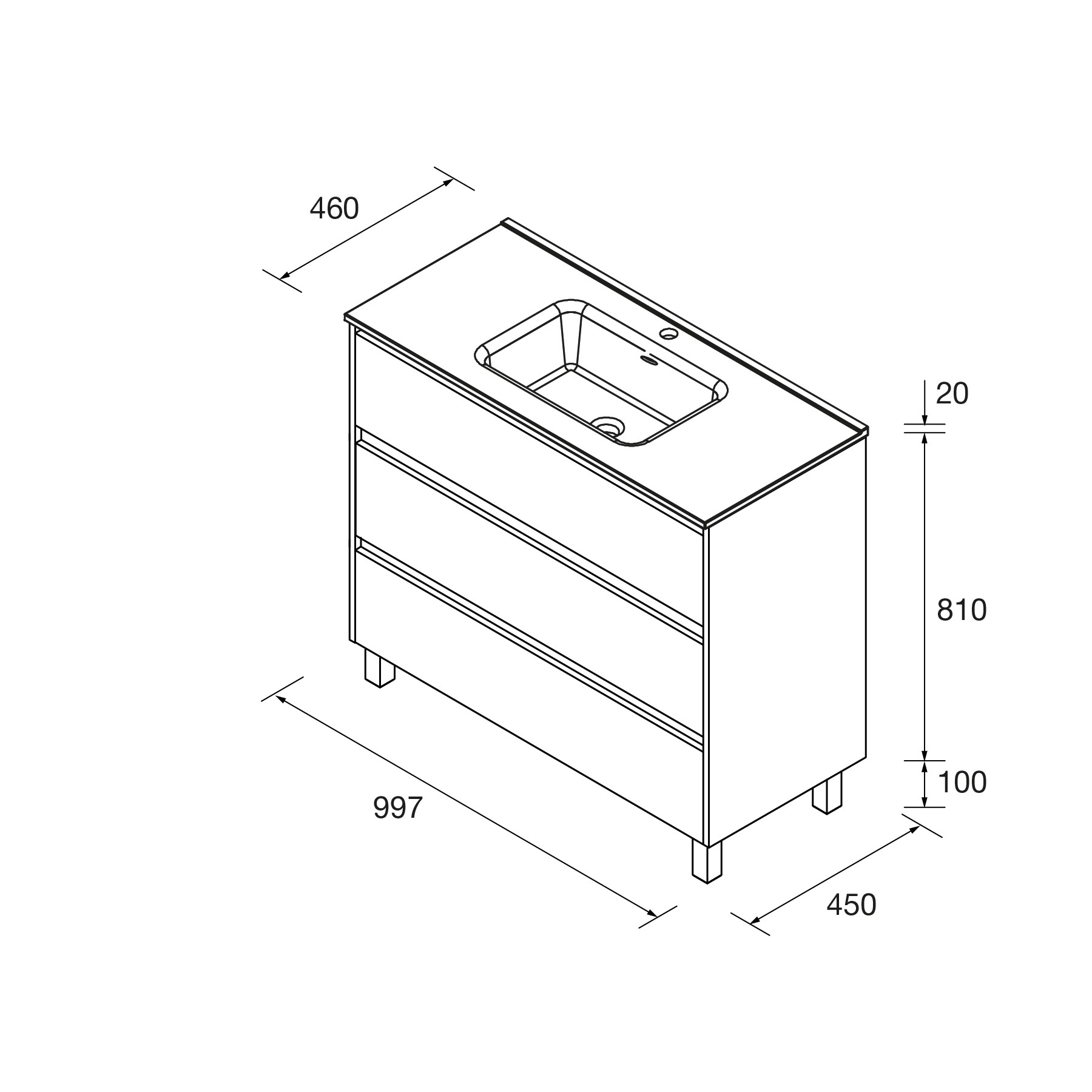 Vanity unit NOJA 1000 3 drawers NATURAL + Basin
